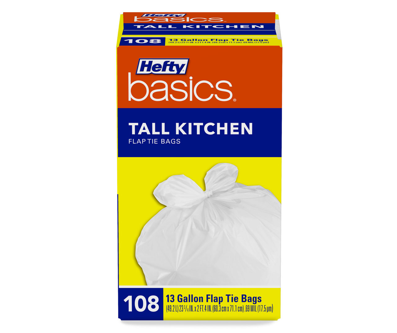 Hefty Hefty Basics 13 Gallon Tall Kitchen Flap-Tie Bags 108 ct Box ...