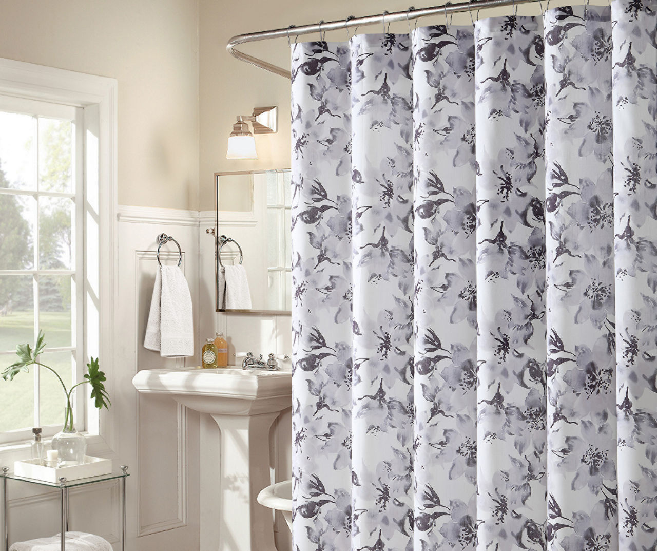 Gray Black White Floral Leslie Fabric Shower Curtain