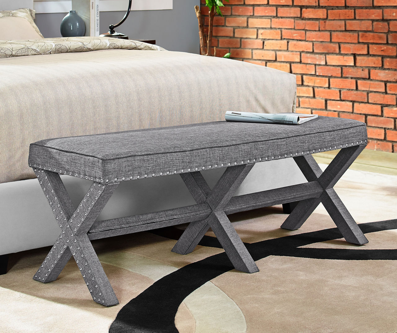 Gray Upholstered X-Shape Base Bench | Big Lots