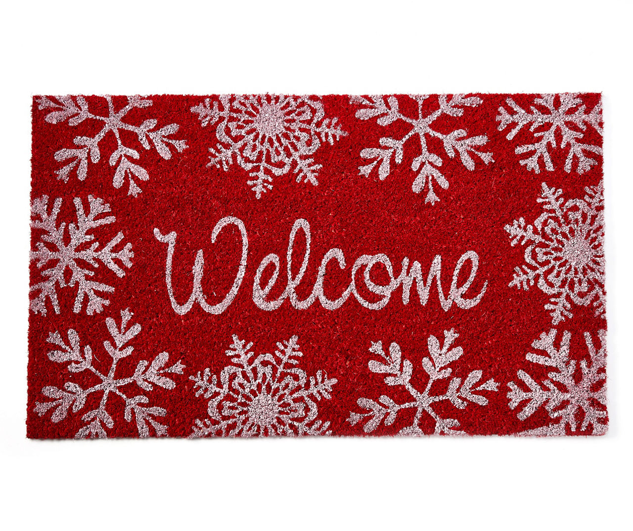 Red & White "Welcome" Snowflakes Outdoor Coir Mat, (18" x 30") | Big Lots