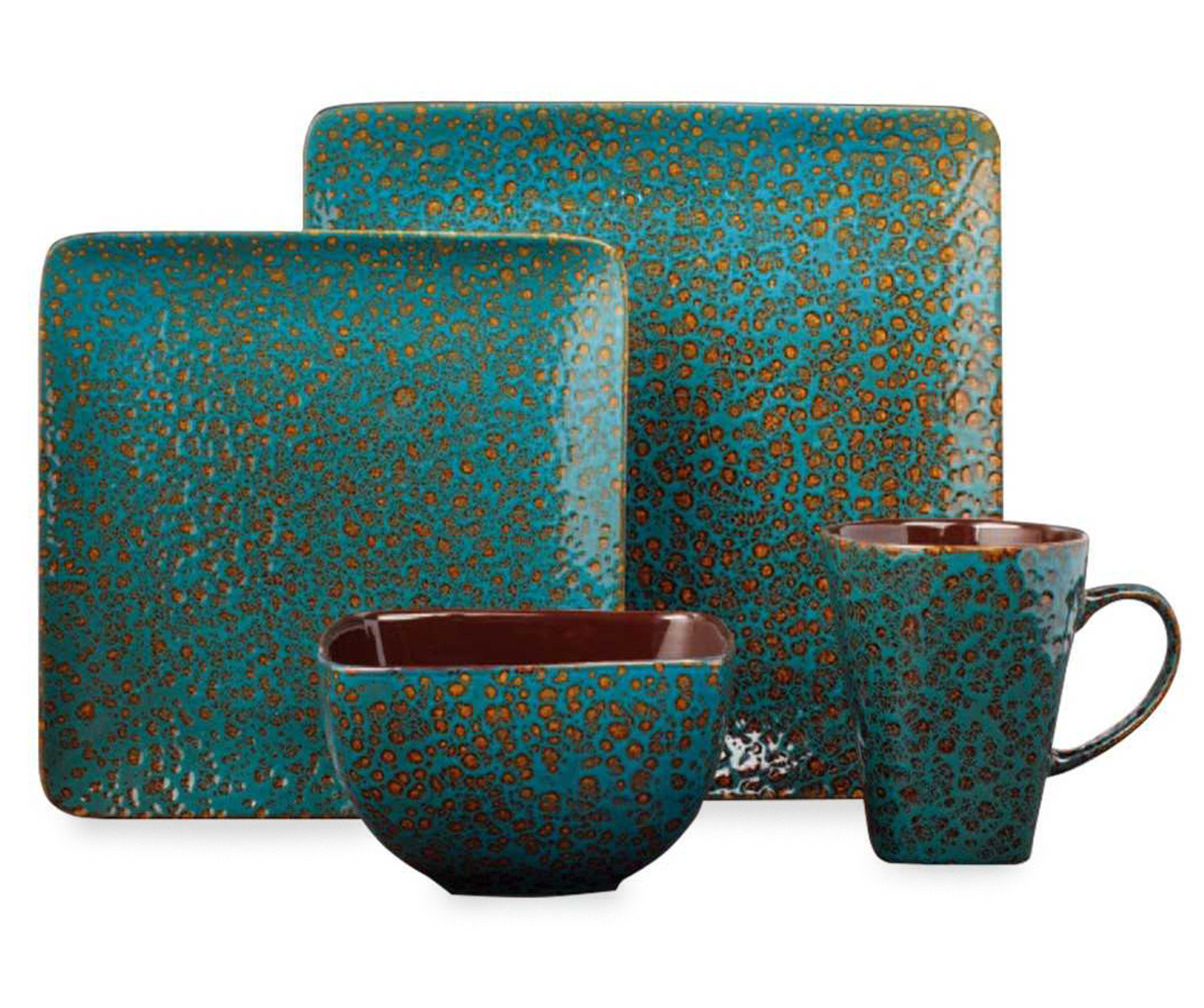 Master Cuisine Teal & Brown Dotted Square 16-Piece Dishware Set | Big Lots