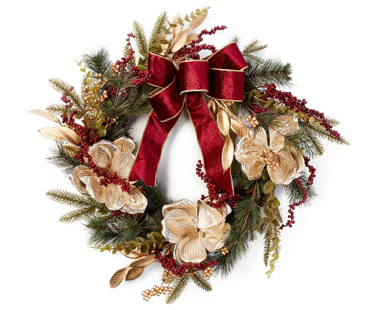 Winter Wonder Lane Gold & Burgundy Magnolia Wreath, (24") | Big Lots