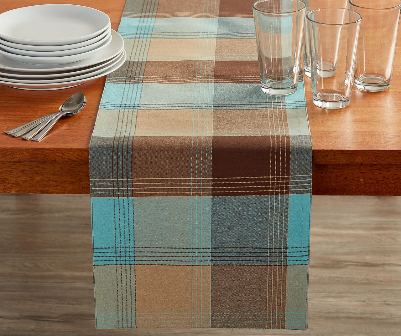 Master Cuisine Brown and Blue Plaid Table Runner, (13'' x 72'') | Big Lots