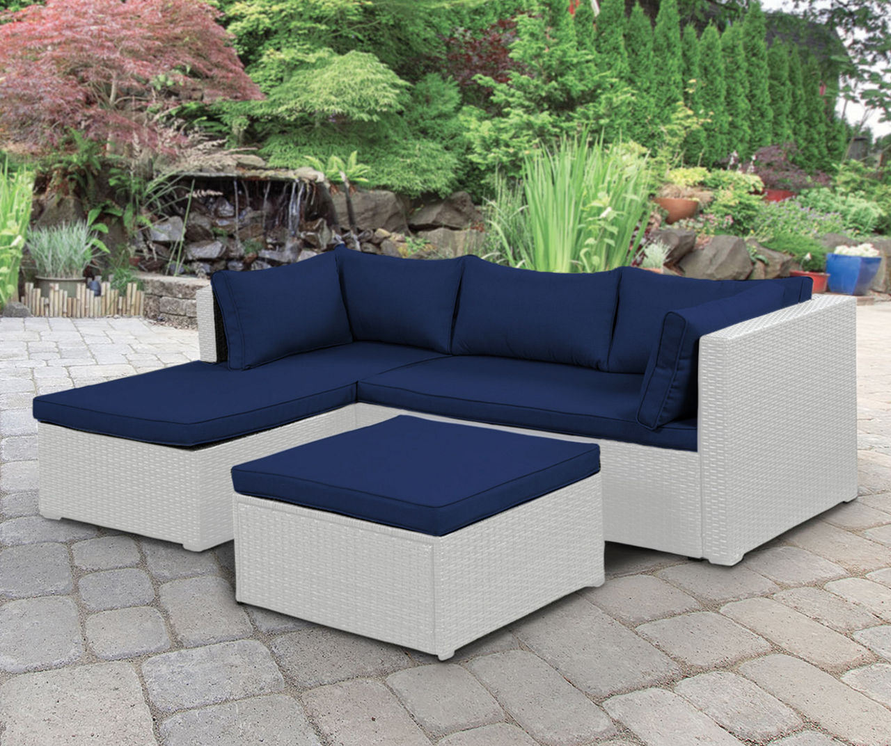 Brook White All Weather Wicker Sectional Ottoman with Blue Cushions