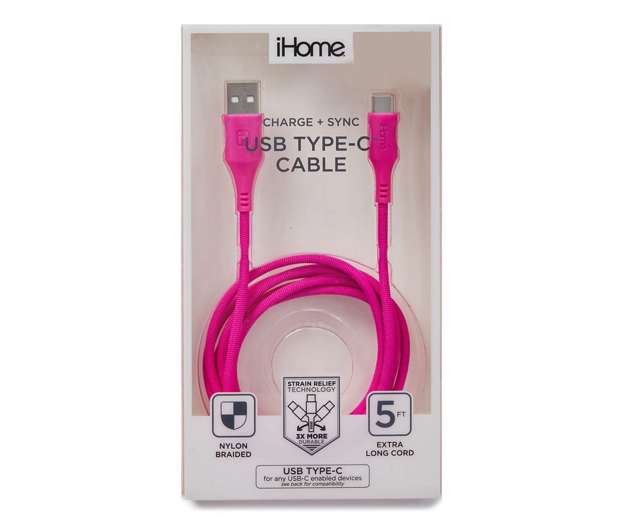 iHome Magenta USB Type-C 5' Nylon Cable | Big Lots