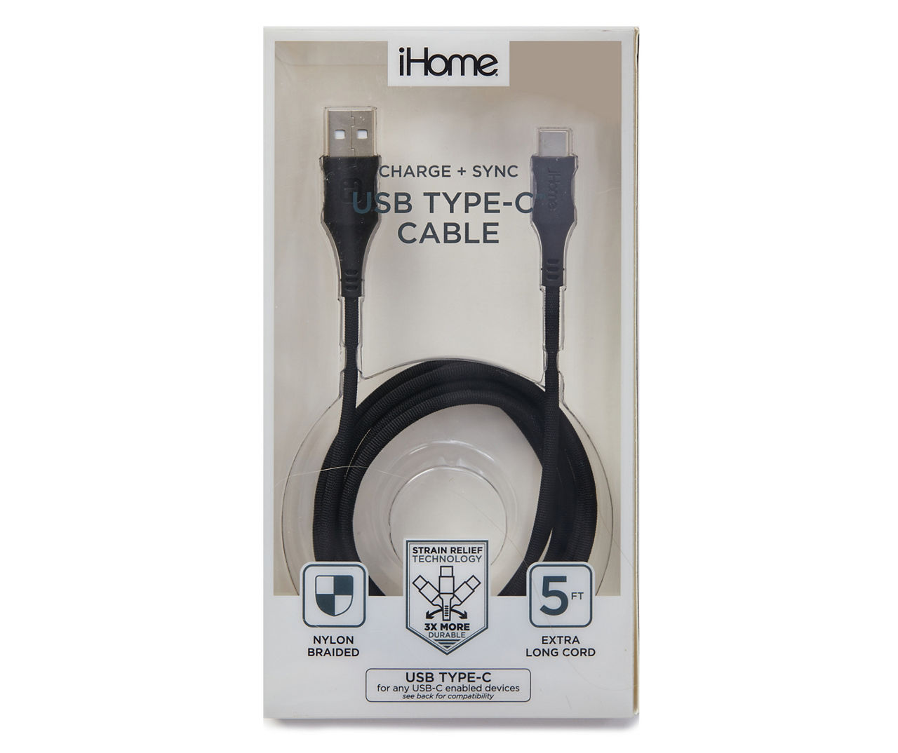 iHome Black USB Type-C 5' Nylon Cable | Big Lots