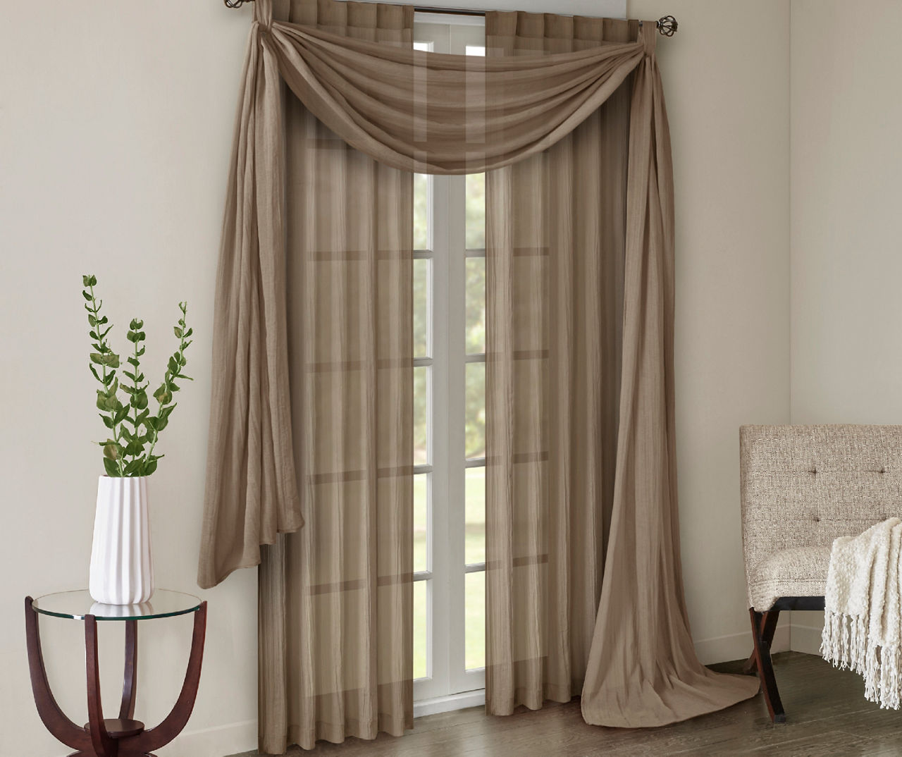 Avery Taupe Crushed Sheer Window Scarf, (144") | Big Lots