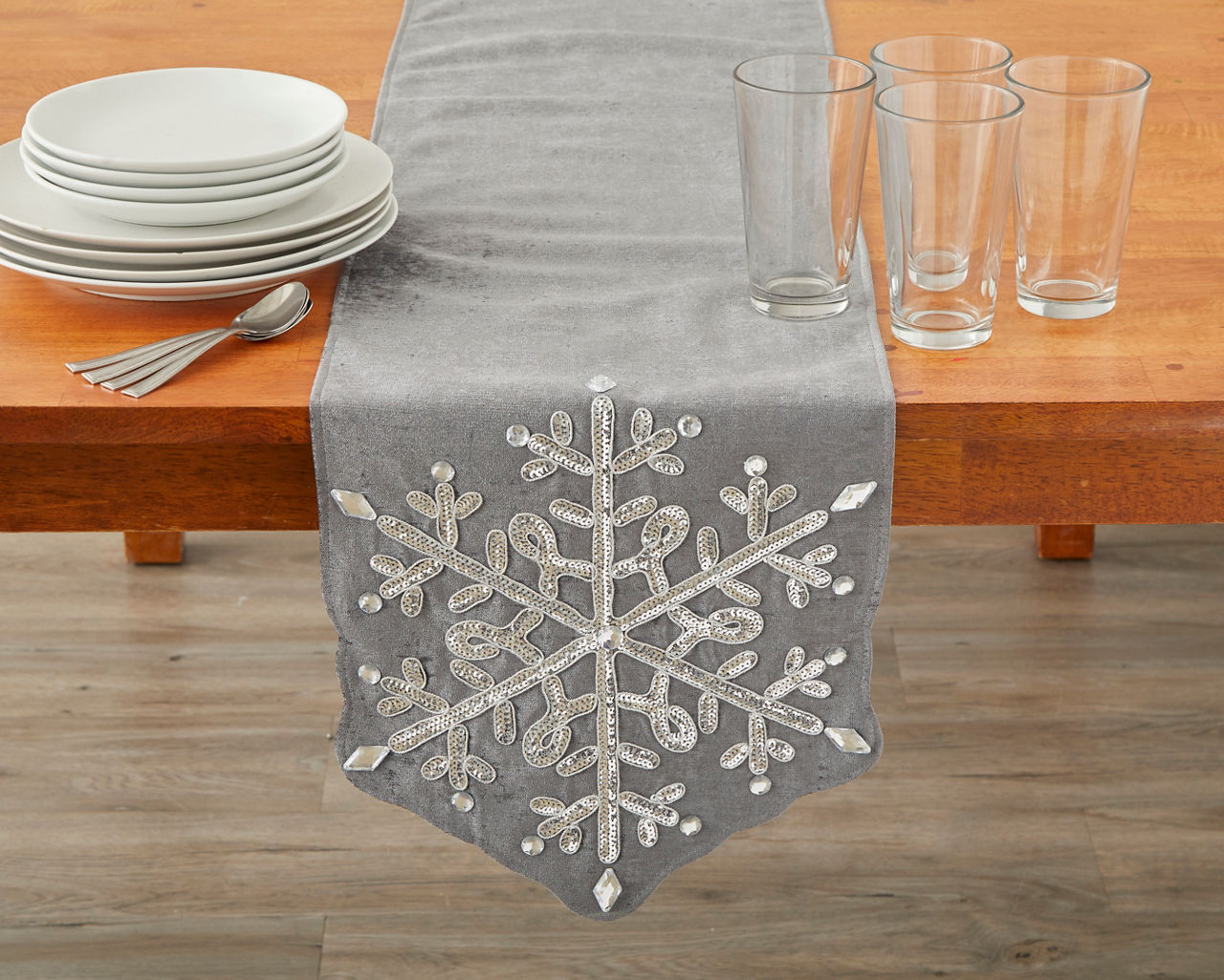 Winter Wonder Lane Gray & Silver Embroidered Snowflake Table Runner ...