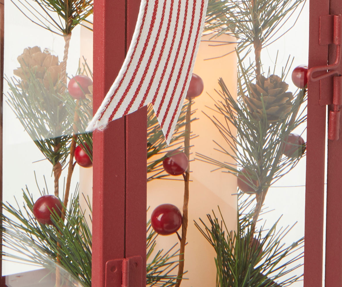Winter Wonder Lane Red Stripe Ribbon & Floral LED Candle Lantern | Big Lots
