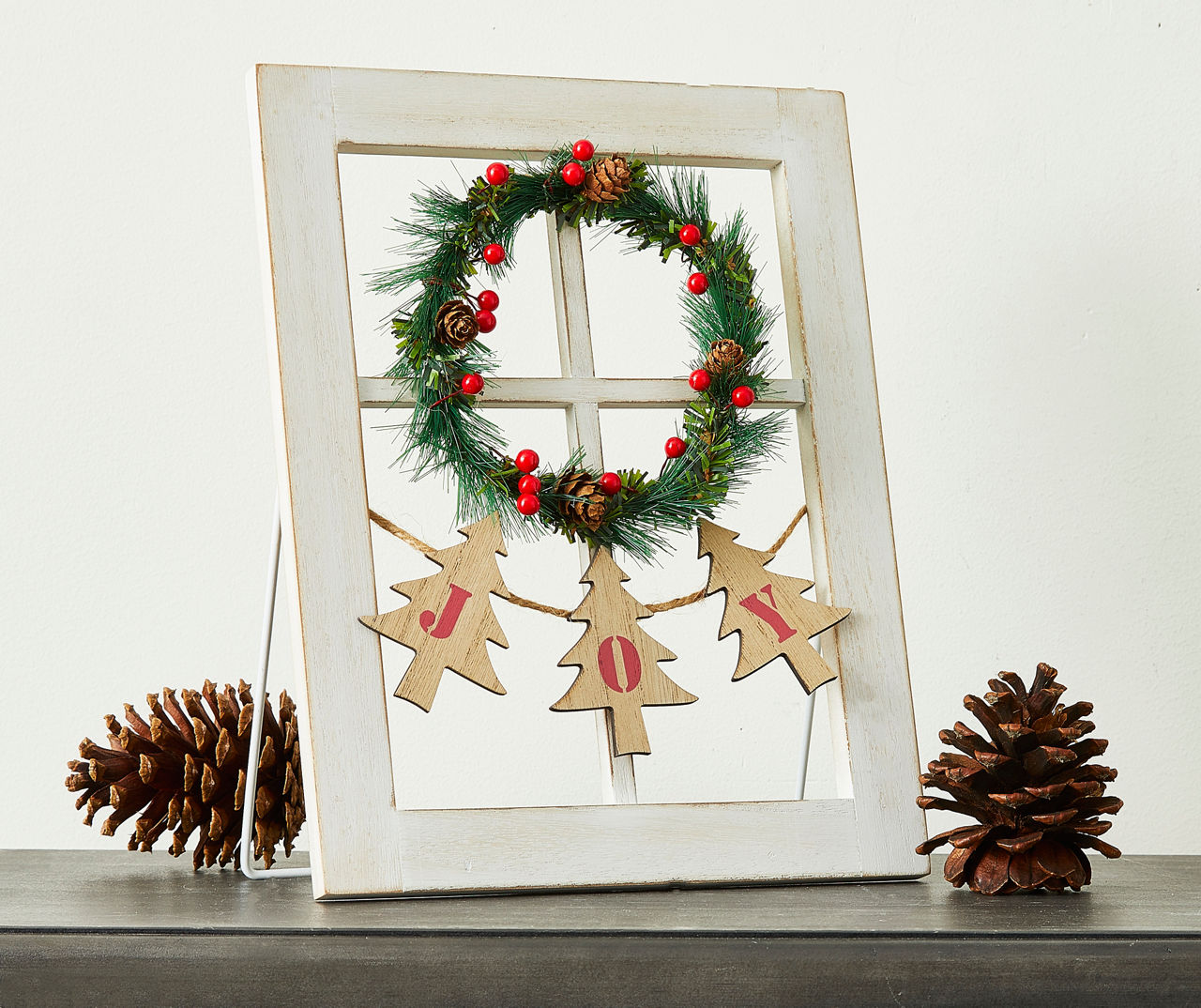 Winter Wonder Lane "Joy" White Window Pane With Wreath Plaque & Hanging ...