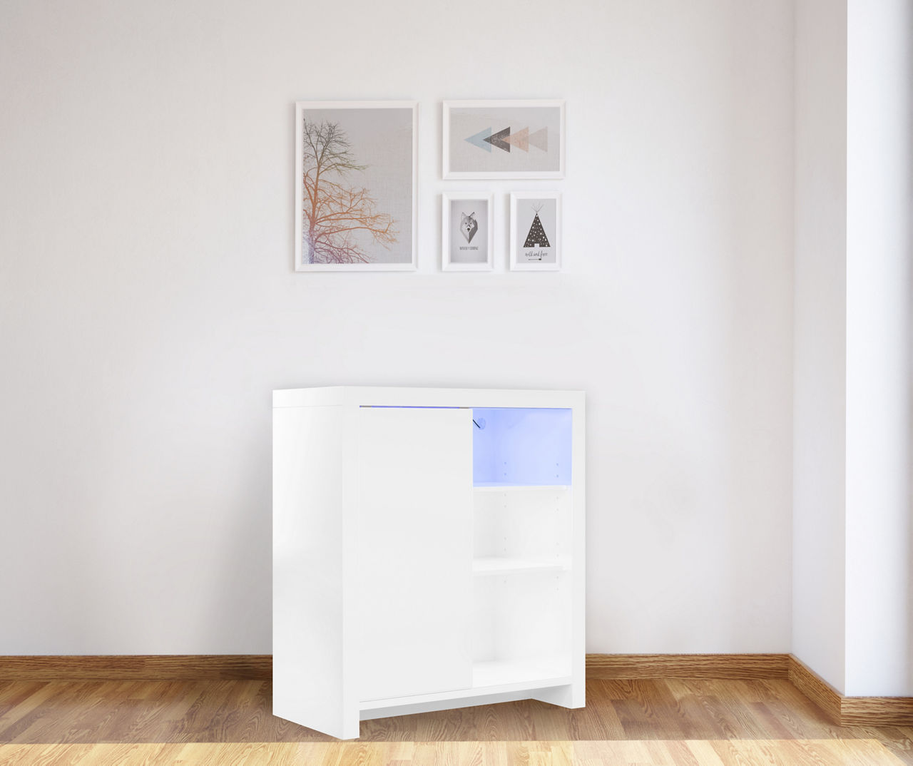 White LED 3 Shelf Storage Cabinet with Wireless Charger