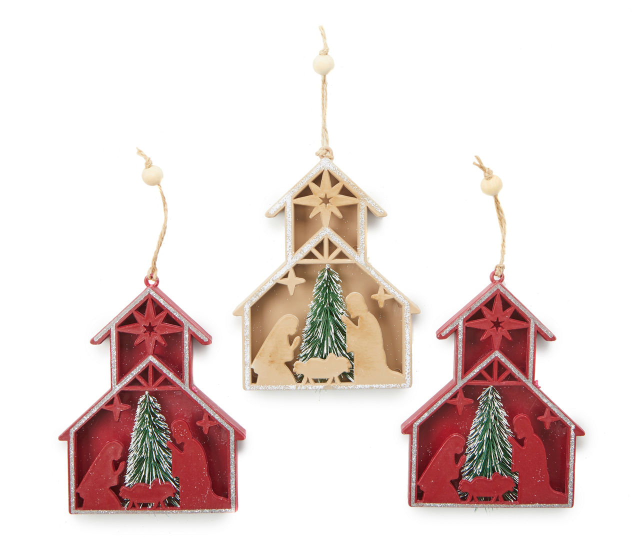 Winter Wonder Lane Red & Tan Christmas Manger 3-Piece Ornament Set ...
