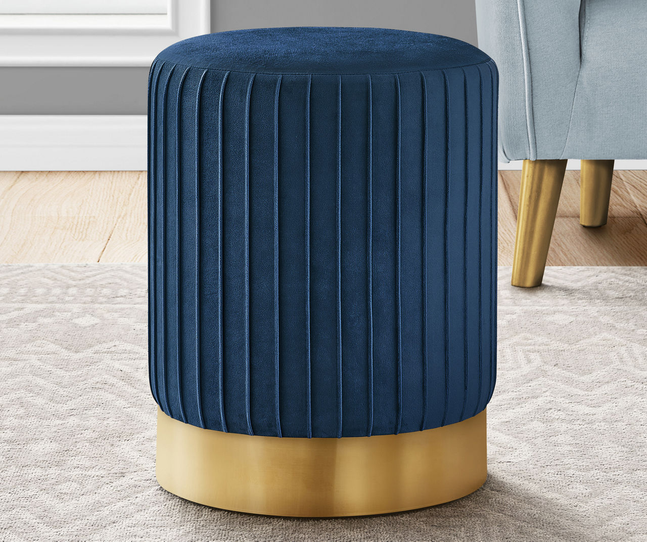 Monarch Blue Pleated Velvet Cylindrical Ottoman | Big Lots