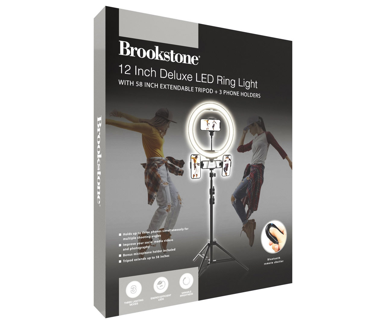 Brookstone 12" Deluxe LED Ring Light with Adjustable Tripod & 3 Phone ...