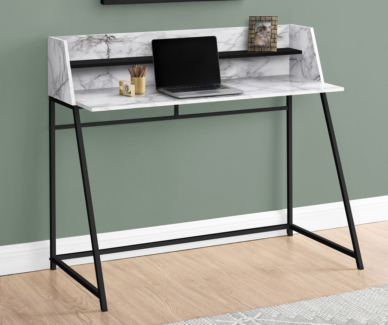 Monarch White Marble Look Trapezoid Leg Computer Desk with Hutch | Big Lots