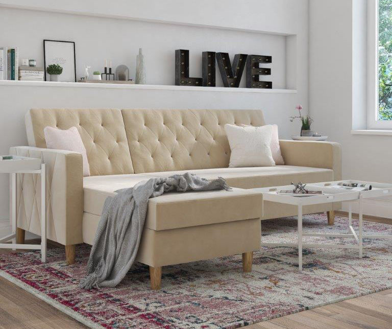 Ameriwood CosmoLiving Liberty Ivory Velvet Sectional Storage Futon ...