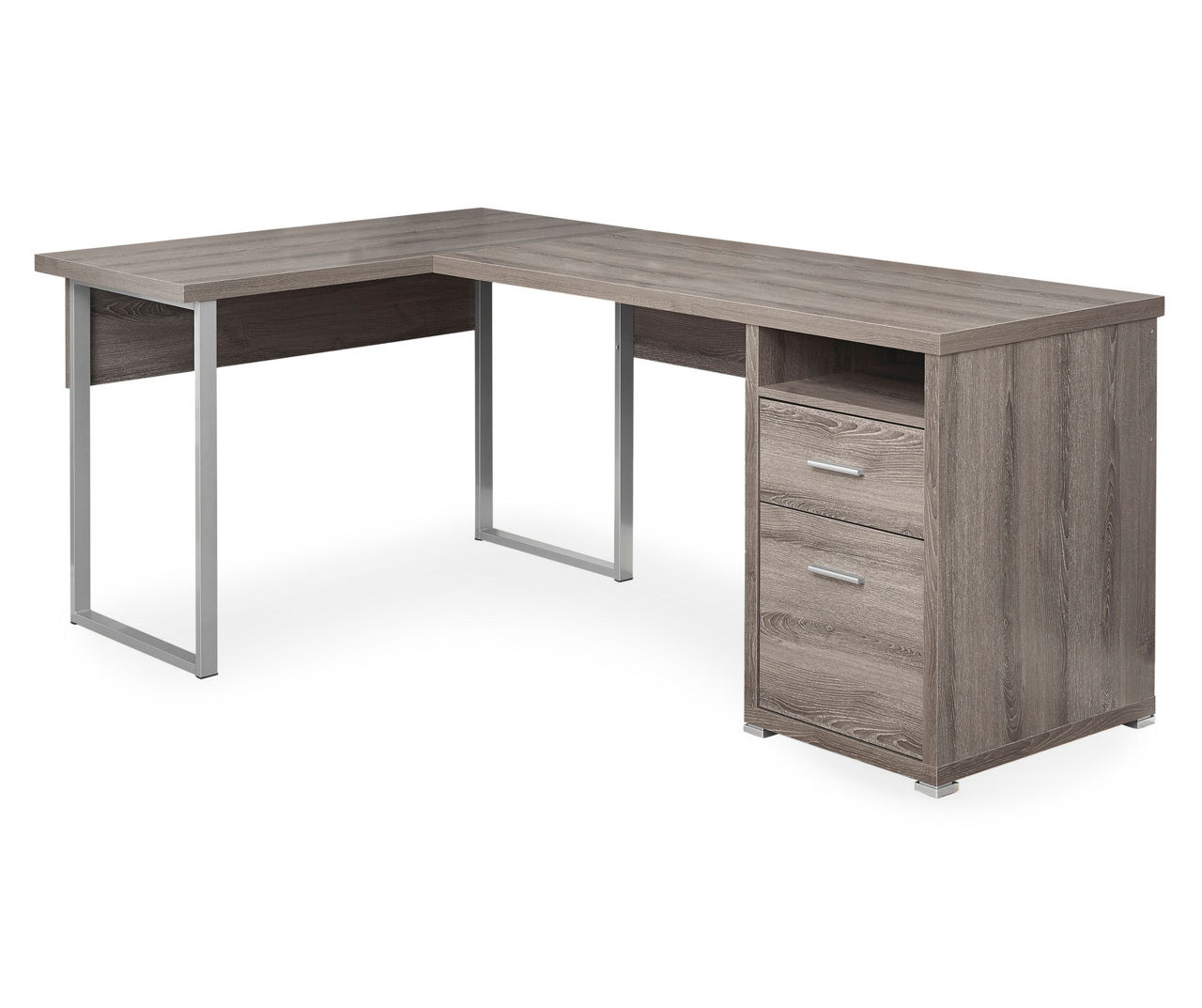 Dark Taupe Silver Metal 2 Drawer L Shaped Computer Desk