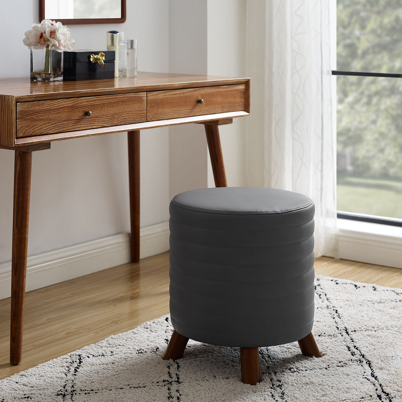 Kenna Gray & Walnut Upholstered Faux Leather Rib Accent Stool | Big Lots