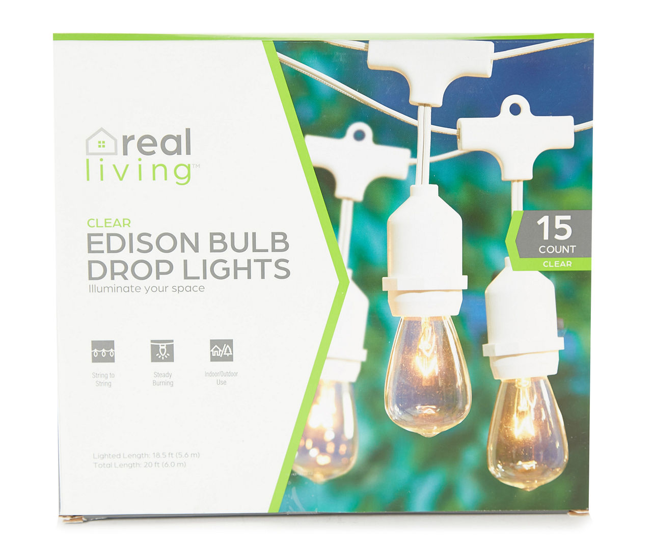 Real Living Clear Edison Bulb Drop Light Set with White Wire, 15-Lights ...