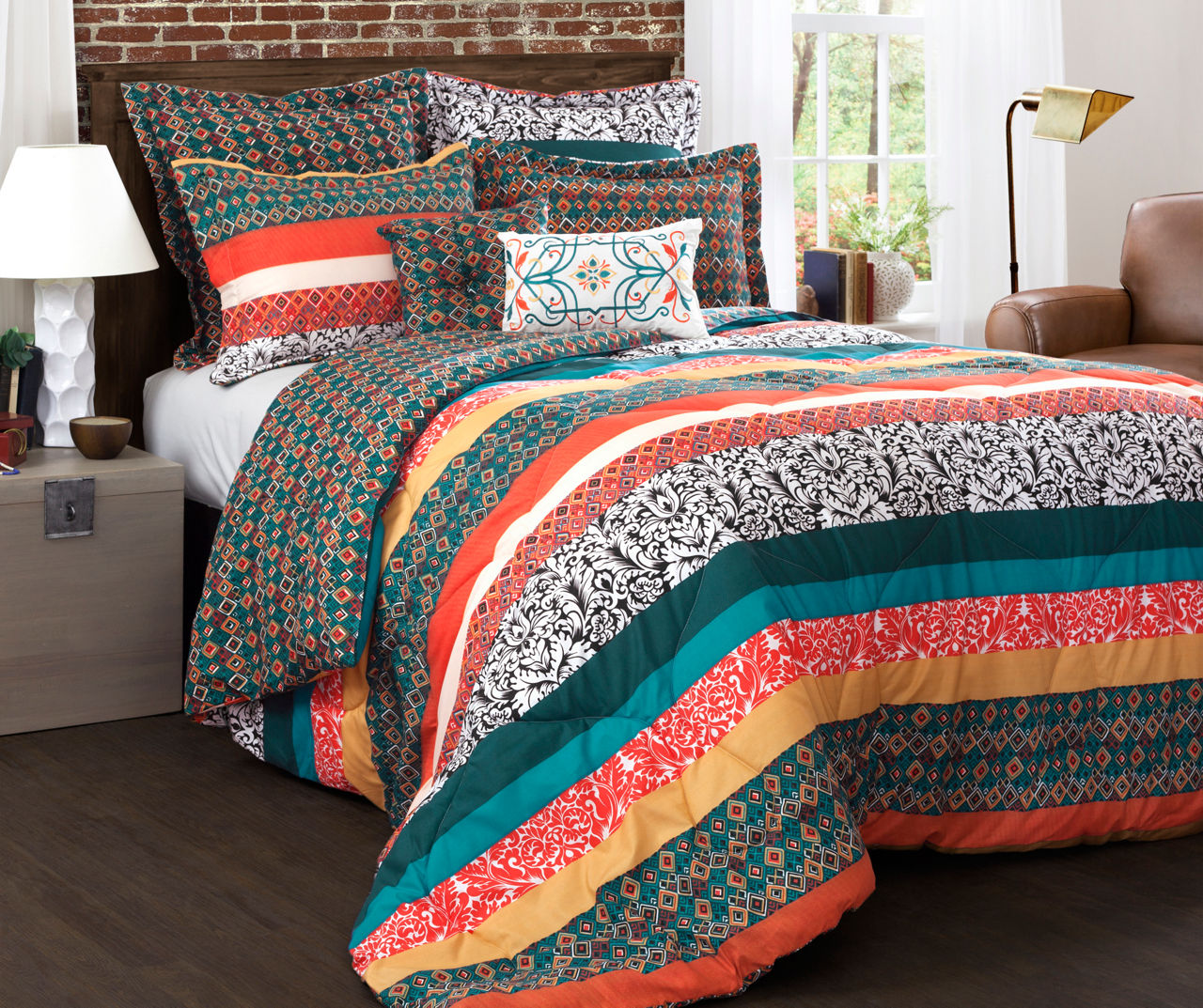 Turquoise, Mustard & Red Boho Floral Color Block Comforter Set | Big Lots