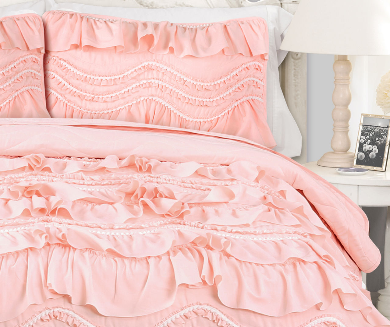 Lush Decor Kemmy Peachy Pink Ruffle Full/Queen 3-Piece Quilt Set | Big Lots
