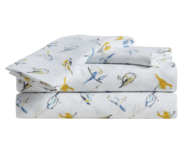 Real Living Timeless White & Blue Birds King 4-Piece Microfiber Sheet ...