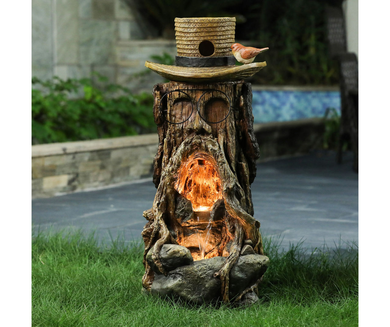 Tree Stump Face & Birdhouse LED Resin Fountain | Big Lots