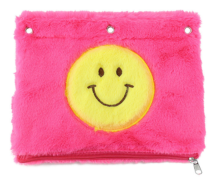 Pink & Yellow Smiley Face Fuzzy Binder Pouch | Big Lots