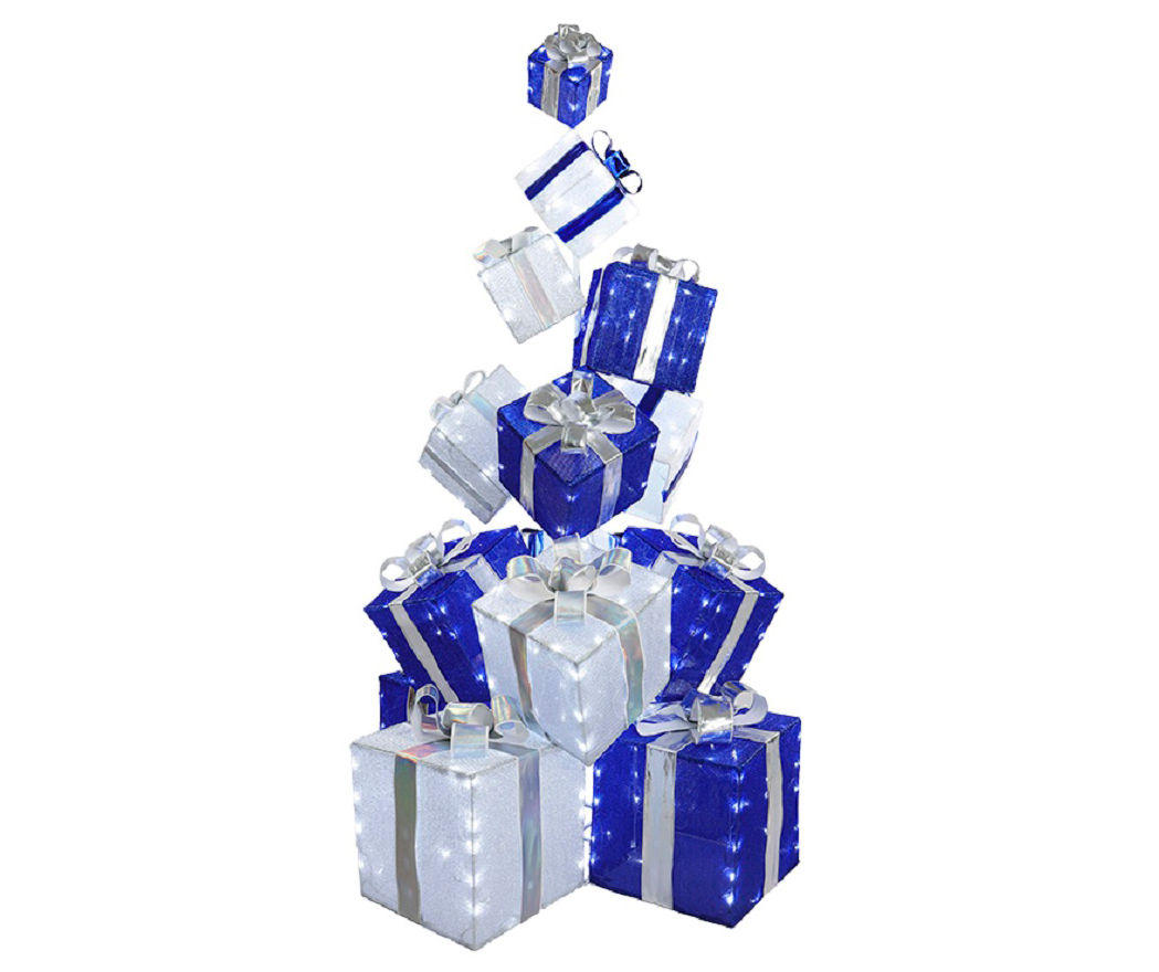 Winter Wonder Lane 65" Light-Up Blue, White & Silver Gift Box Tower ...