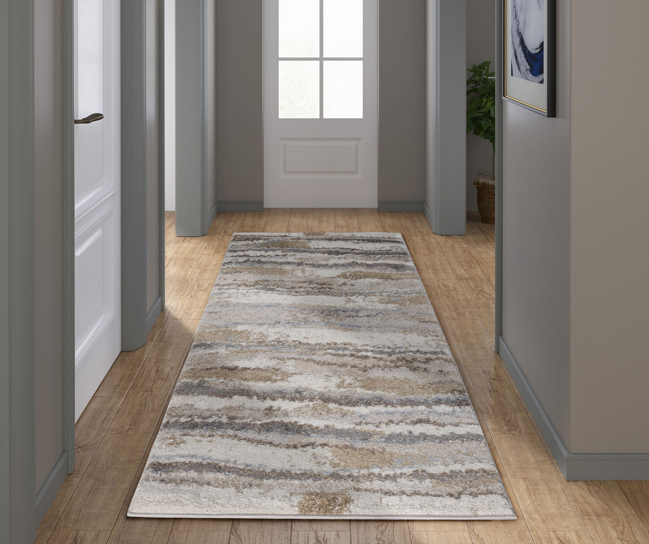 Karly Blue & Tan Watercolor Abstract Shag Runner Rug, (2.5' x 7') | Big ...