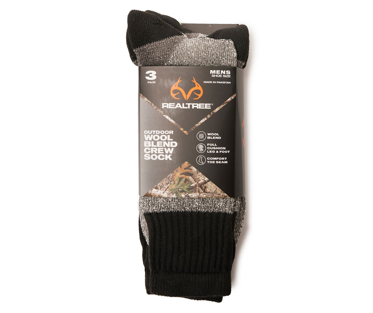 Realtree Men's Black & Heather Gray Color Block Wool-Blend 3-Pair Crew ...