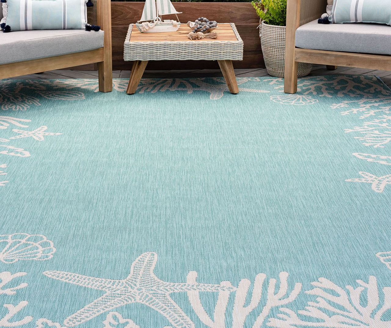 Aqua Nautical Outdoor Area Rug, (5' x 7') | Big Lots