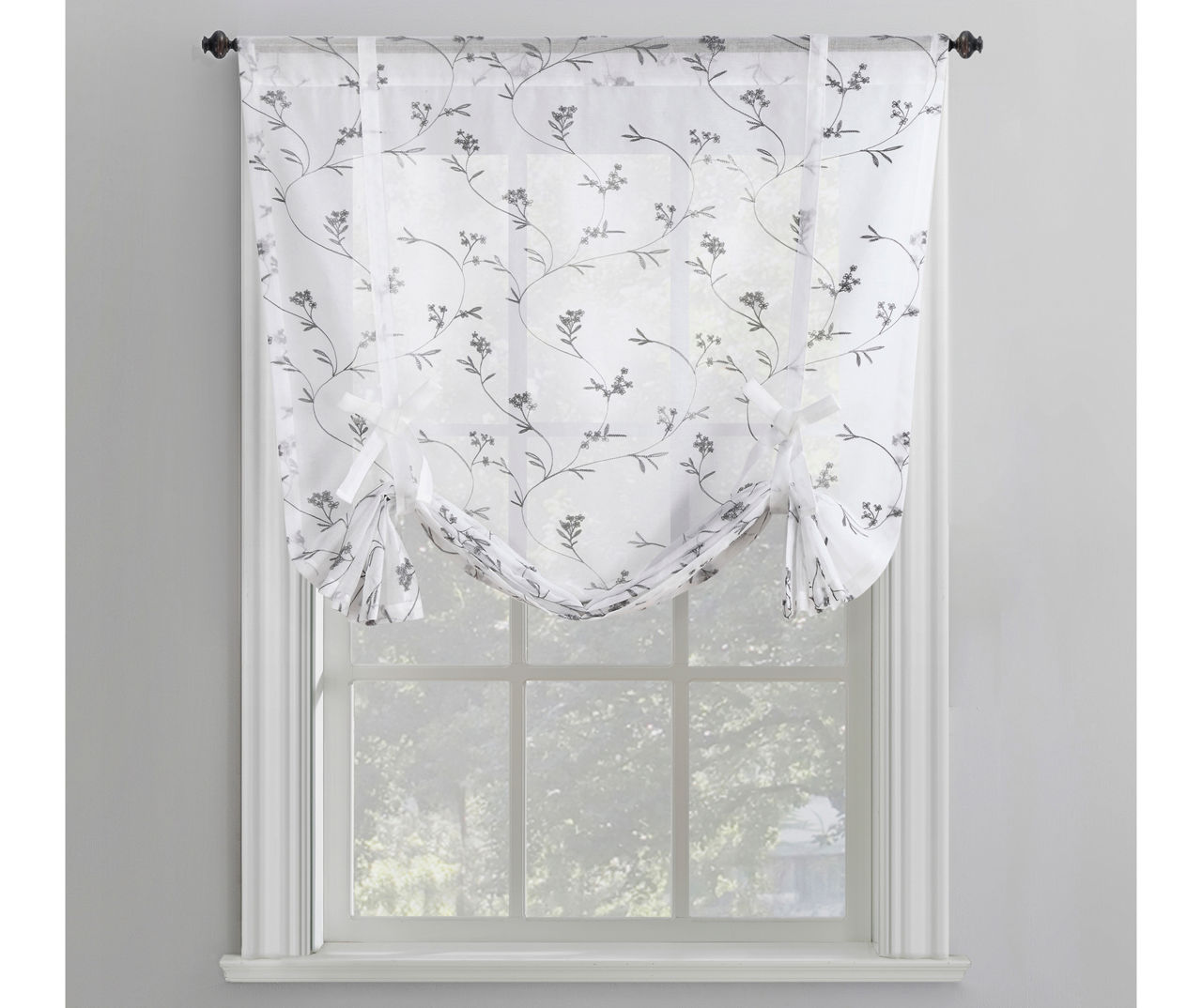 Real Living Meribel White & Gray Embroidered Floral Tie-Up Rod Pocket ...