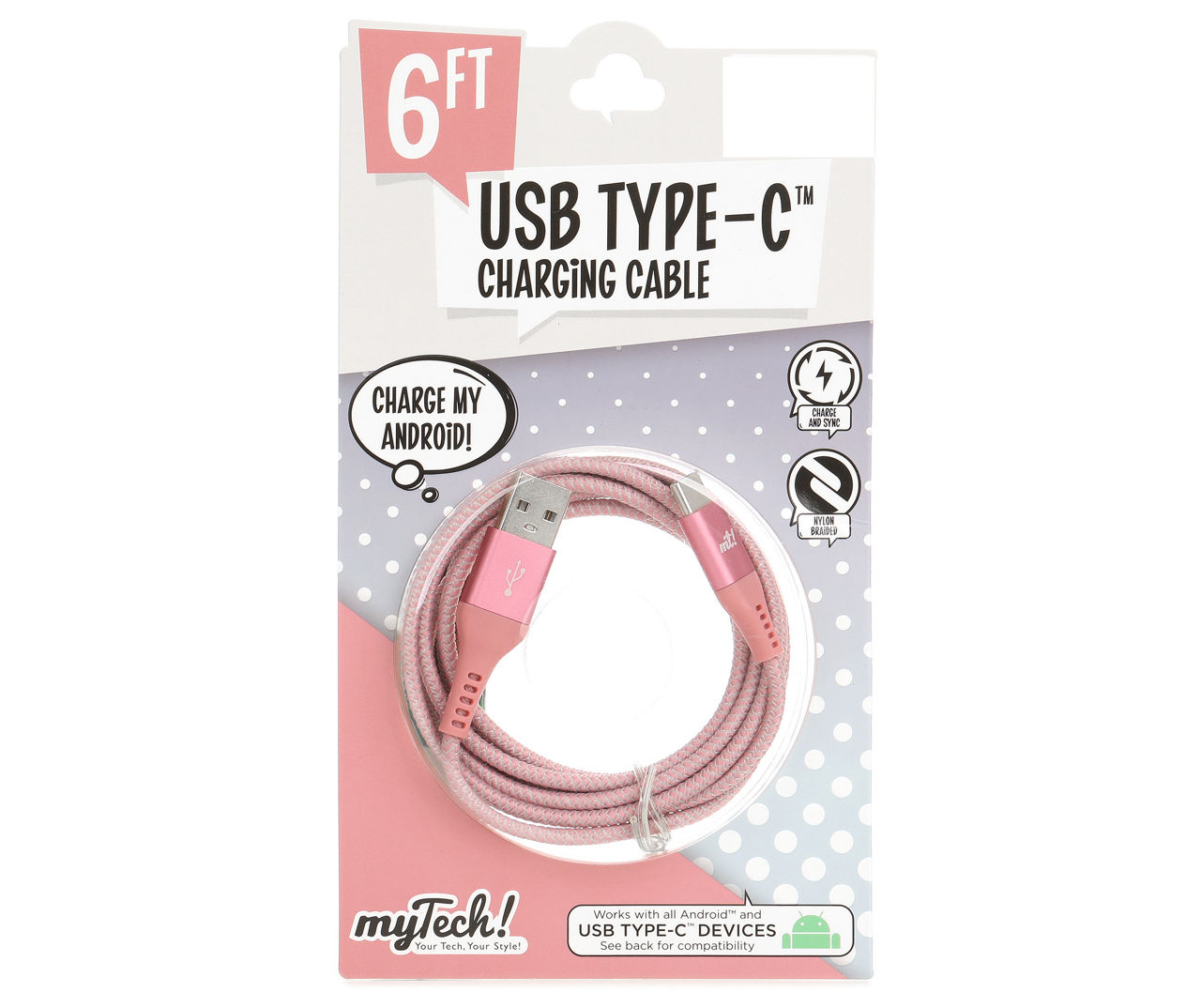 MyTech Pink & White Braided 6' USB-C Cable | Big Lots