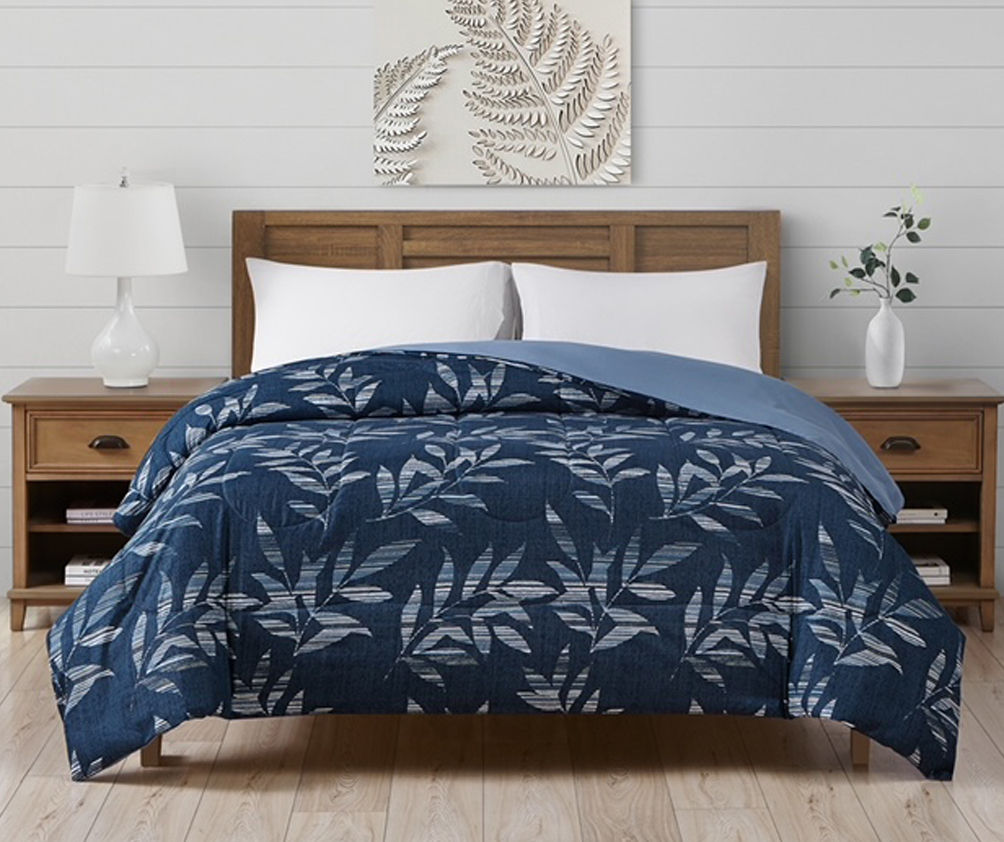 Martin Navy & Blue Striped Leaves Reversible Full/Queen Comforter | Big ...