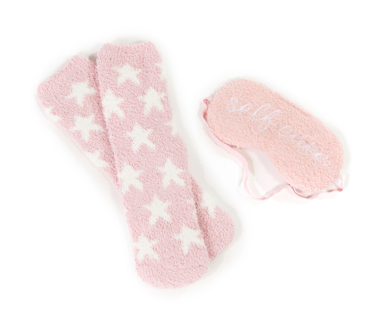 "Self Care" Pink & White Cozy Sock & Sleep Mask Set | Big Lots