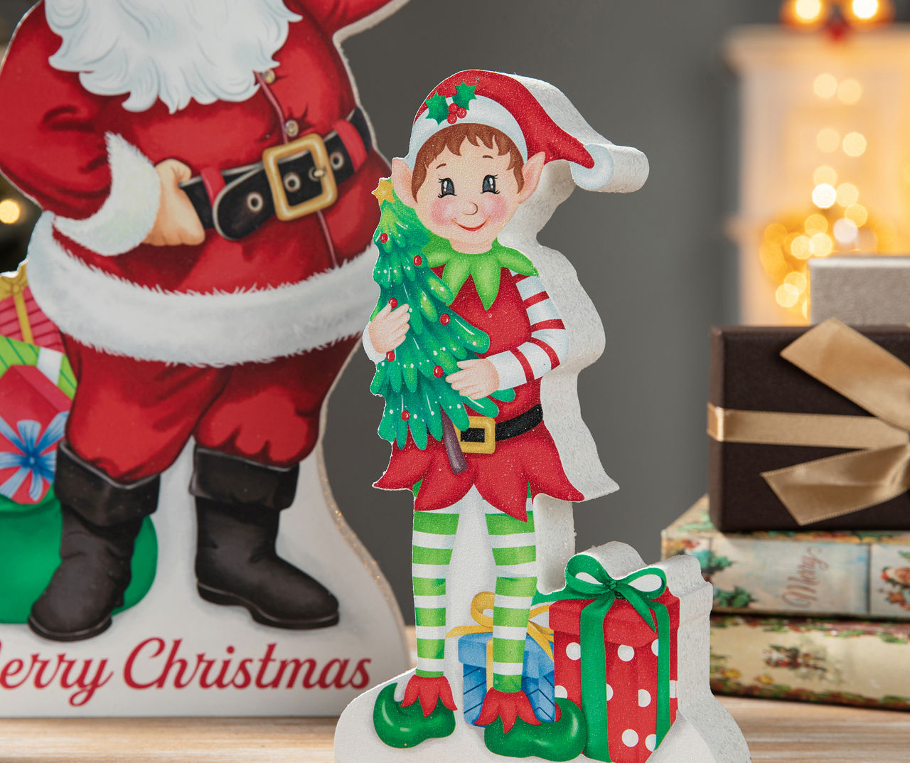 Glitzhome "Merry Christmas" Santa, Elf & Reindeer 3-Piece Tabletop ...