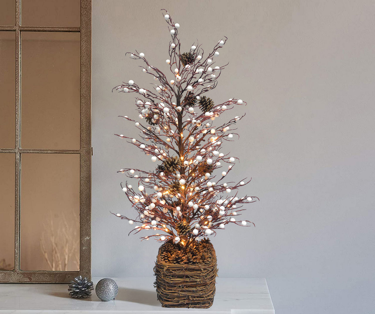Jeco Brown & White Berry Twig Light-Up Tabletop Tree With Vine Base ...
