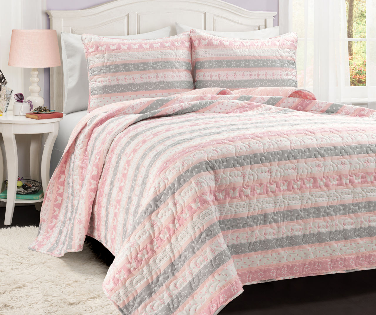 Lush Decor Sara Lily Pink & Gray Pattern Stripe Reversible Full/Queen 3-Piece Quilt Set | Big Lots