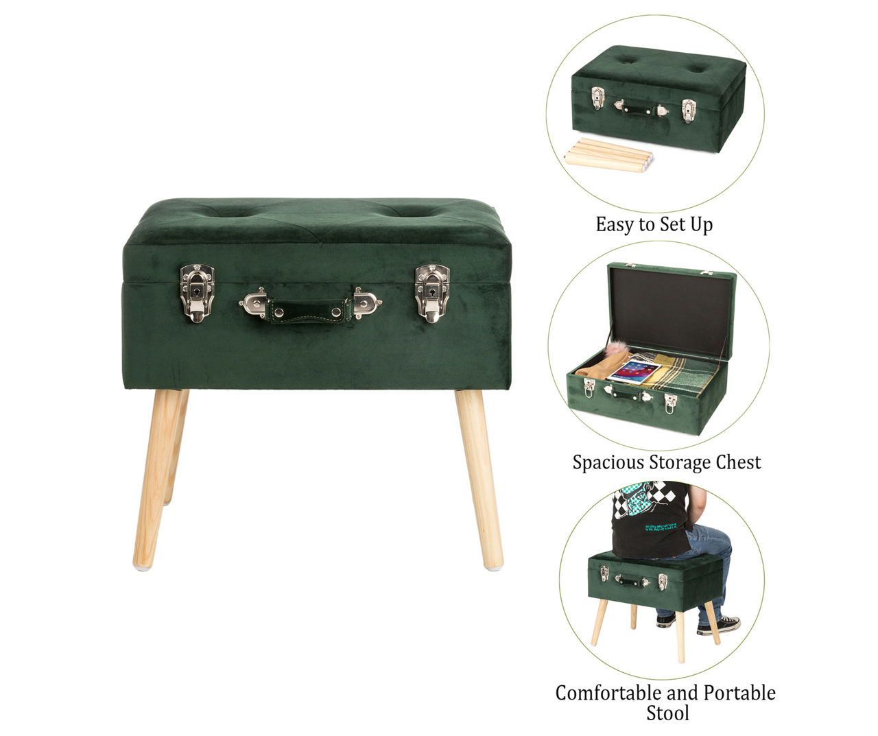 Glitzhome Green Velvet Suitcase Storage Stool | Big Lots