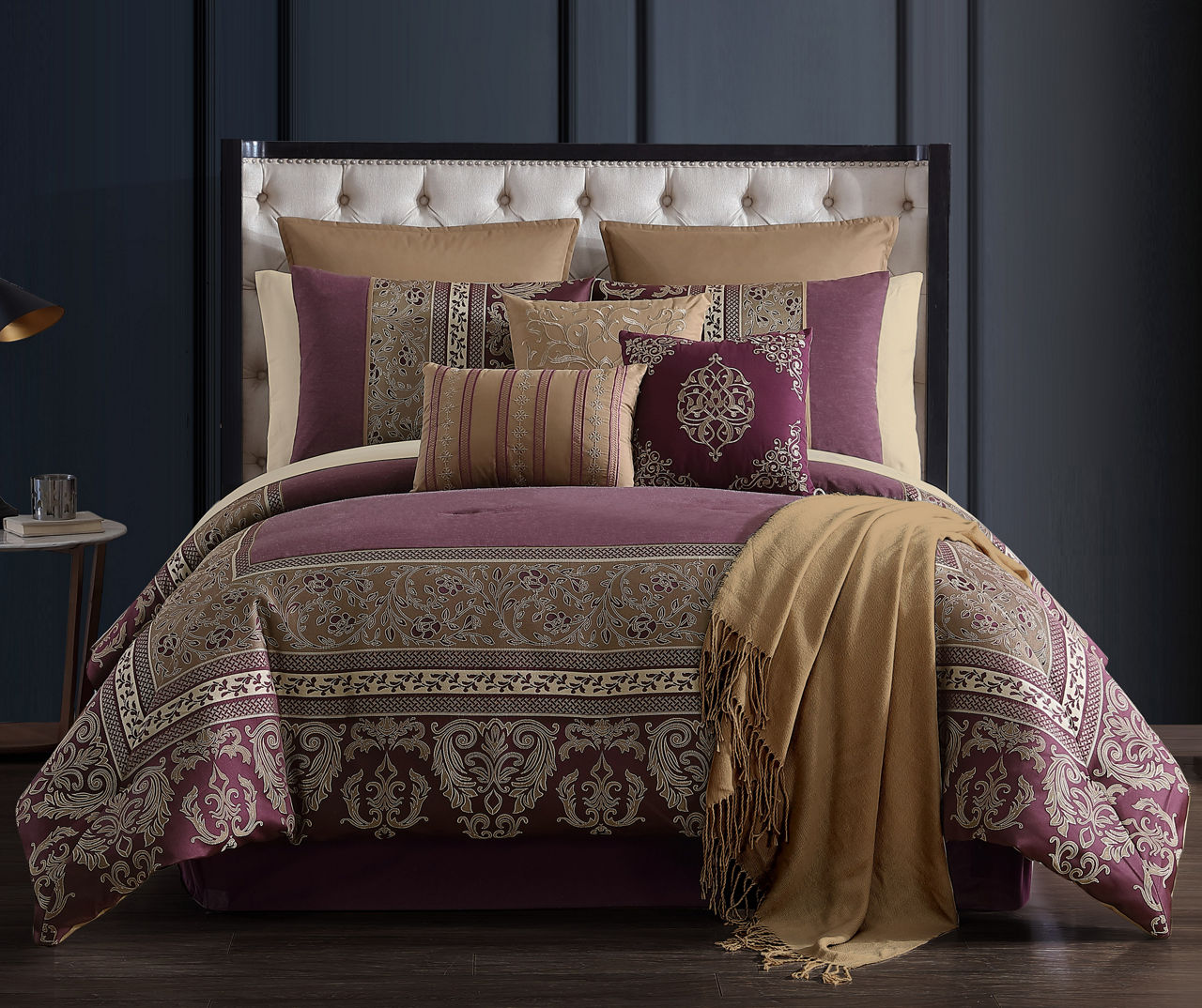 Hilldale Plum Bronze Leaf Scrollwork Queen 14 Piece Bedding Set Big Lots