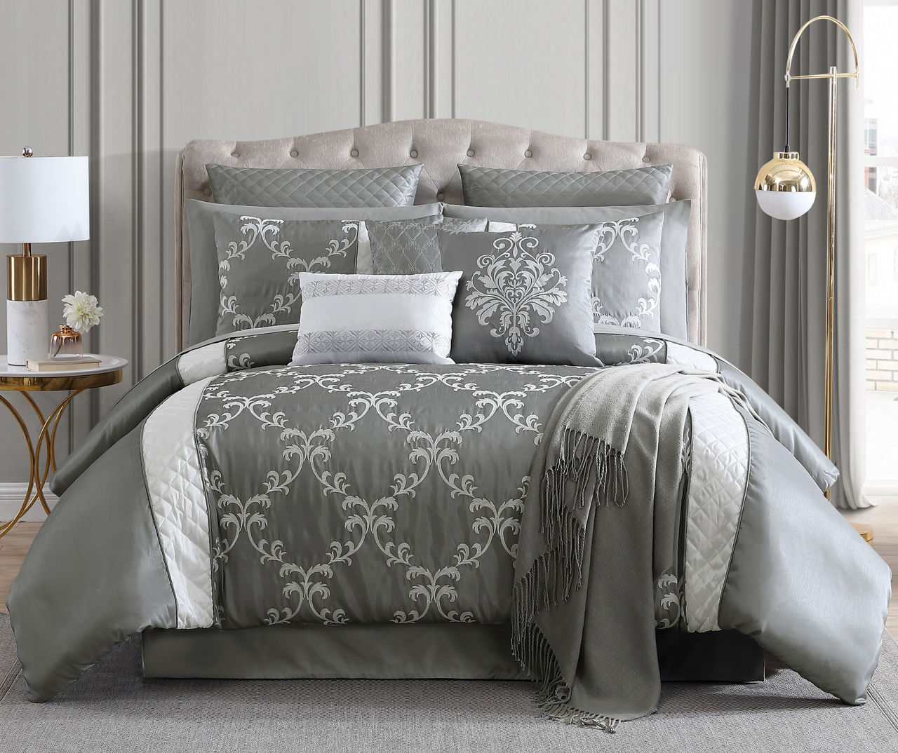 Gracyn Silver & White Damask Queen 14-Piece Bedding Set | Big Lots