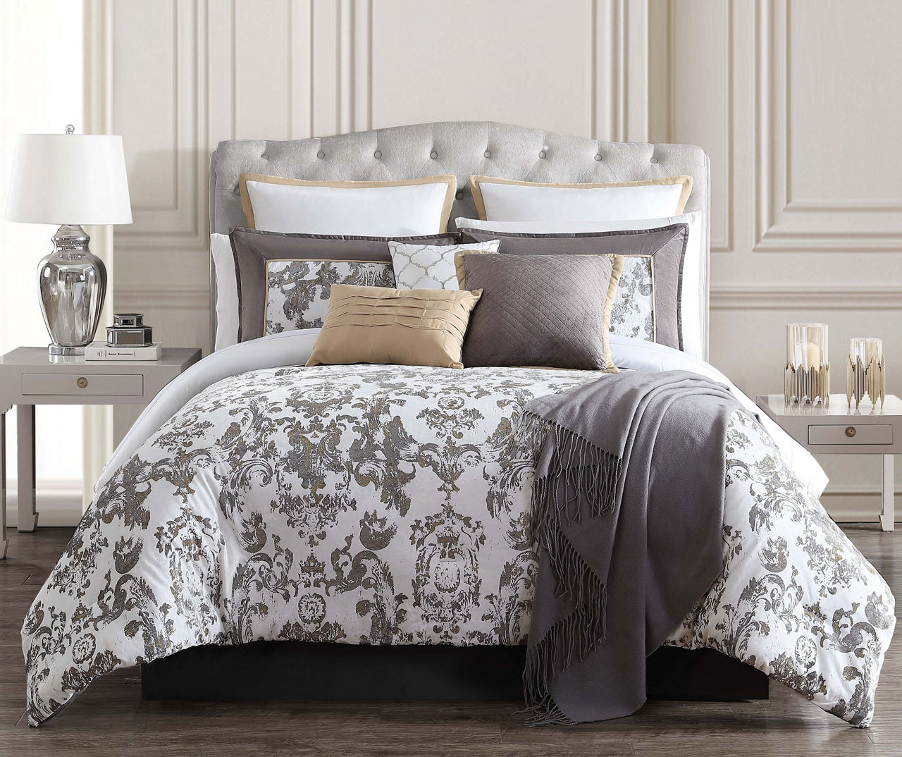 Reverie White, Gray & Gold Baroque Bedding Set | Big Lots