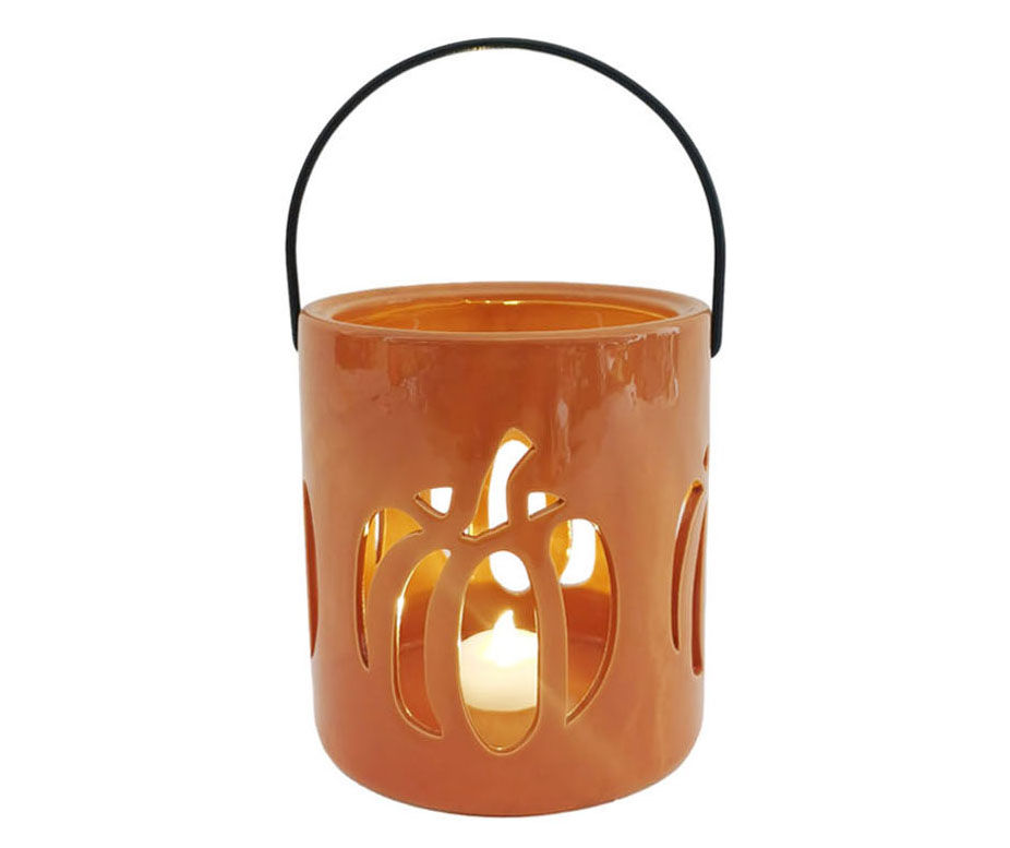 Orange Pumpkin Cut-Out Ceramic LED Candle Lantern | Big Lots