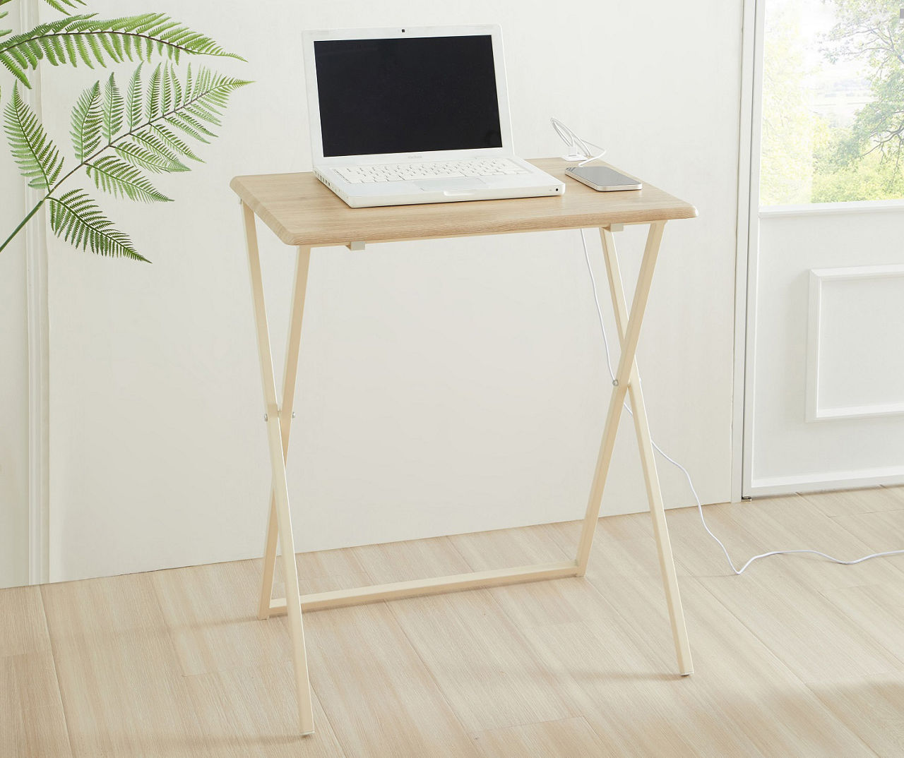 Brown Wood Look Folding Table with USB Charging