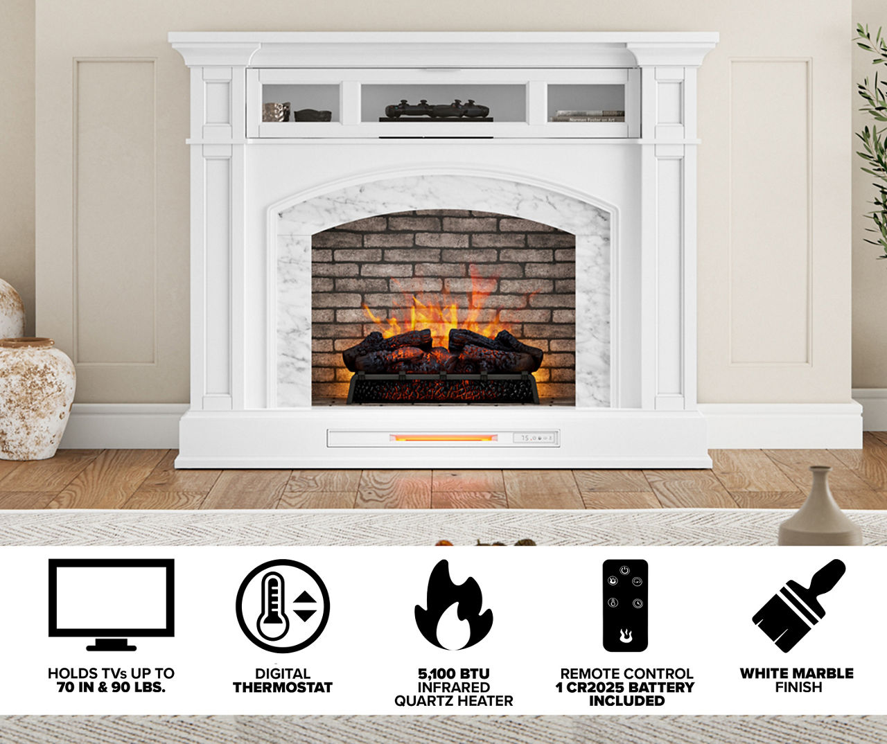 Broyhill 62" White Marble Grand Electric Fireplace Console | Big Lots