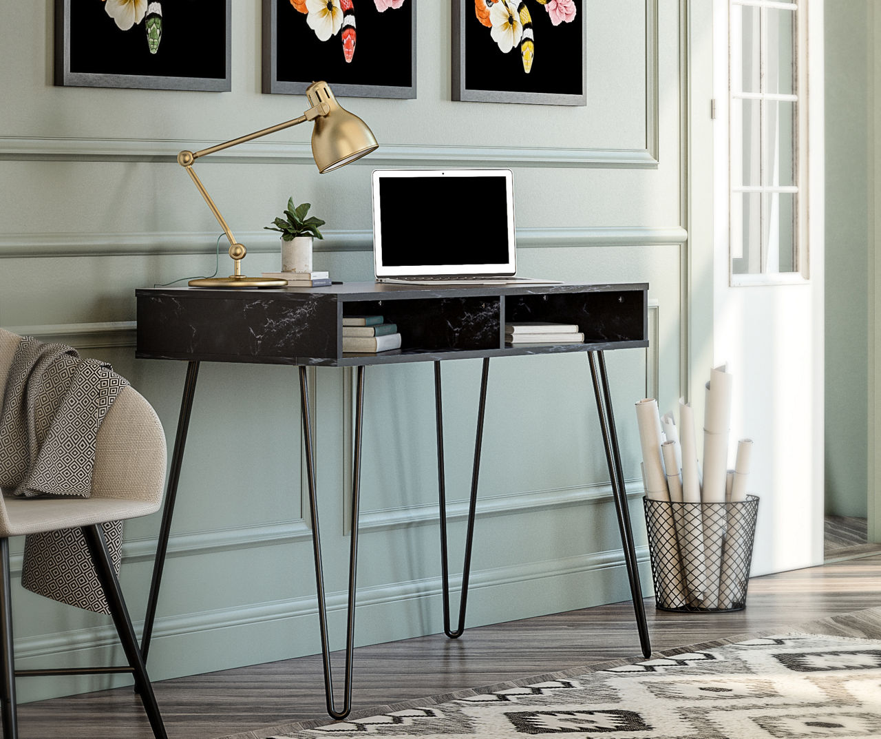 Athena Black Faux Marble 2 Cubby Computer Desk