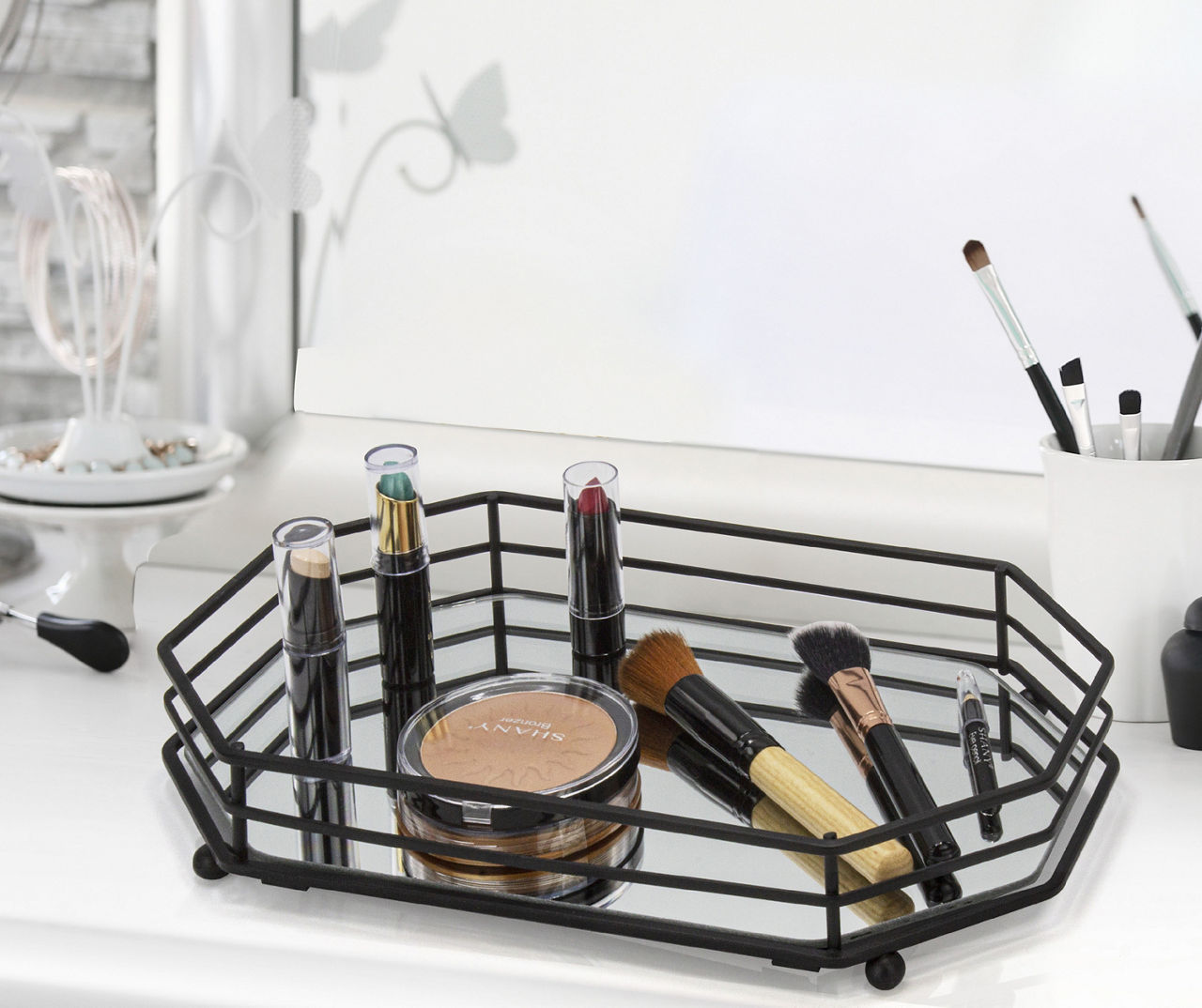 Brookstone Matte Black 2-Bar Geometric Mirrored Vanity Tray | Big Lots