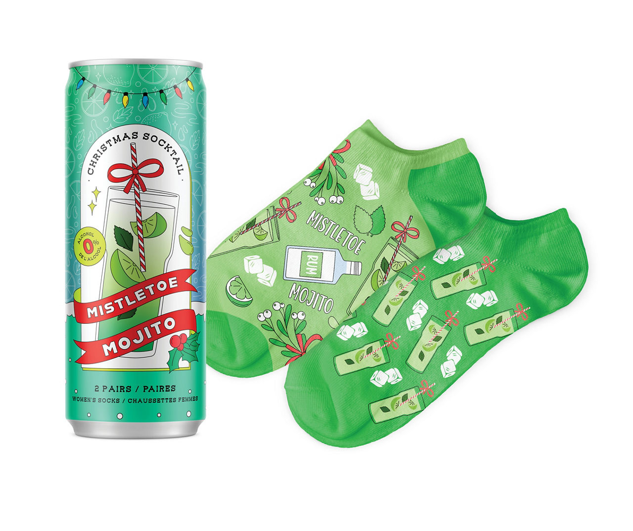 "Mistletoe Mojito" Green Seltzer Can 2-Pair Novelty Socks Set | Big Lots