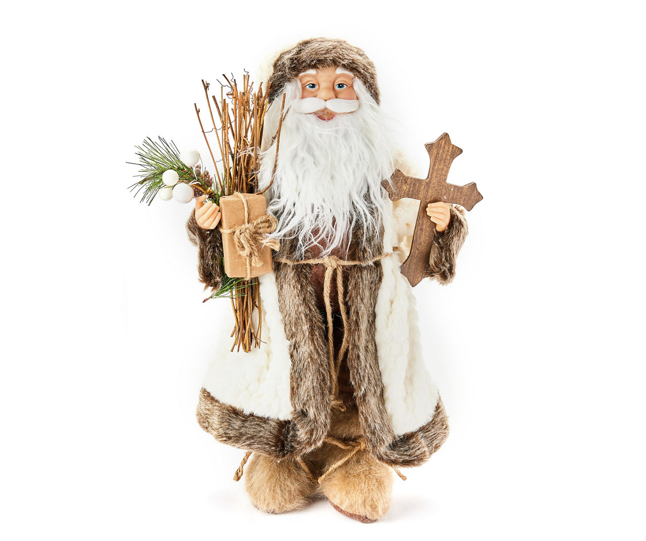 Winter Wonder Lane Brown & White Fur Coat Santa Holding Cross Tabletop ...